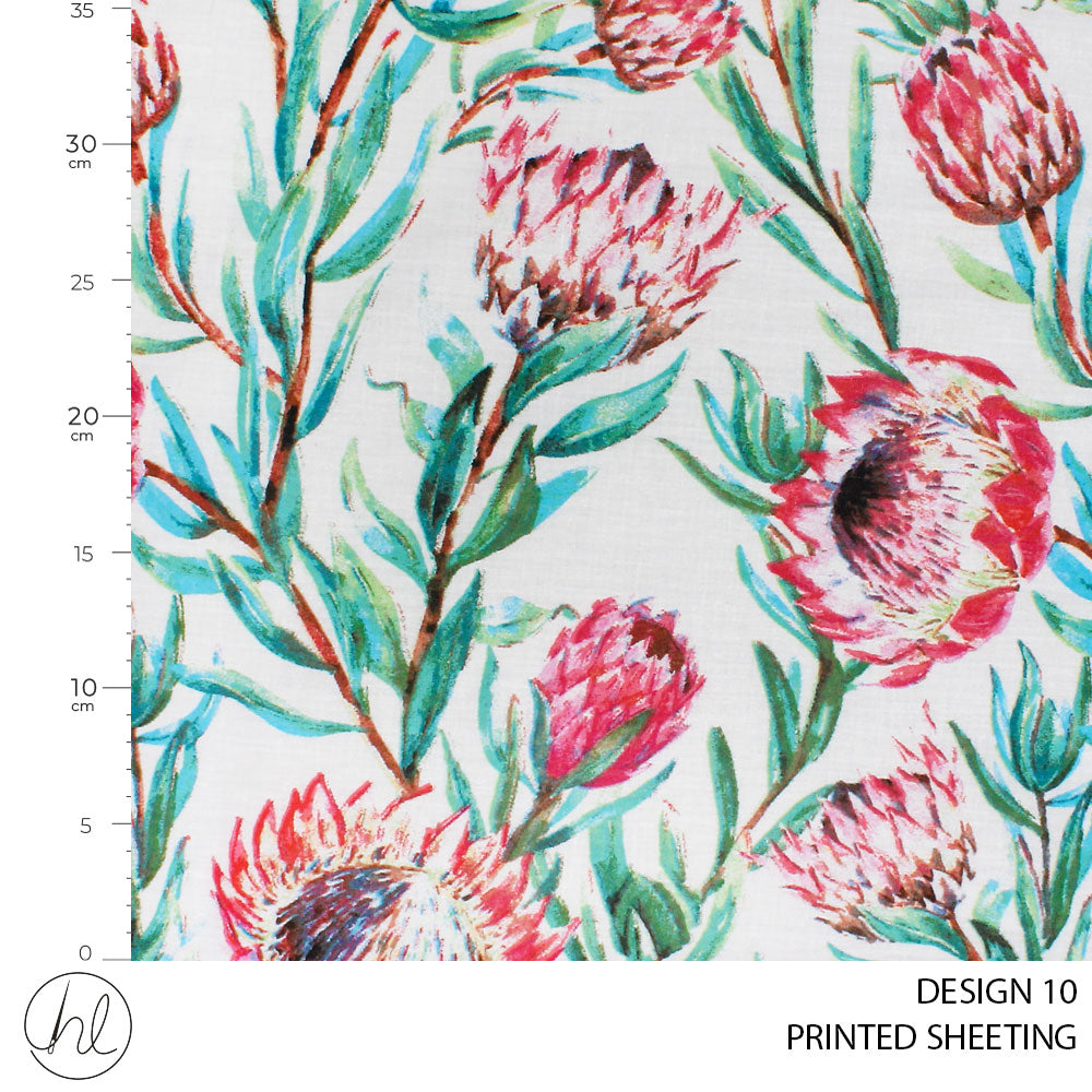 PRINTED SHEETING PROTEA DESIGN 10 WHITE 240CM PER M – Habby And Lace